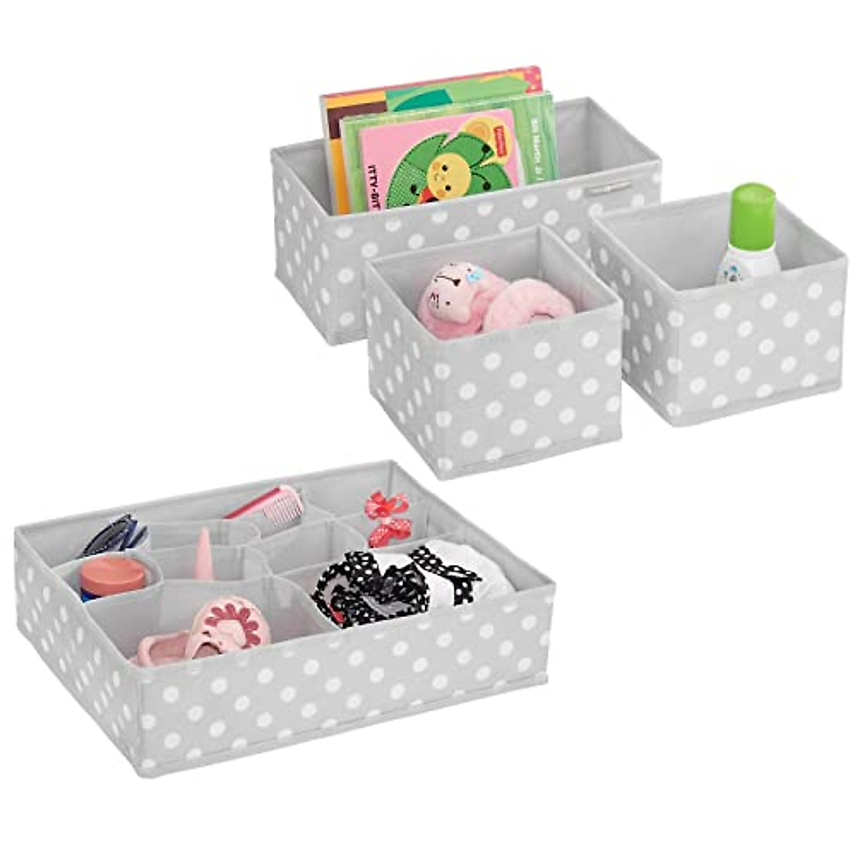 mDesign Fabric Drawer Organizer Bins, Kids/Baby Nursery Dresser, Closet, Shelf, Playroom Organization, Hold Clothes, Toys, Diapers, Bibs, Blankets, Set of 4, 2 Pack, Gray/White Polka Dot