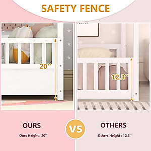 Montessori Floor Bed Twin Size, Twin Montessori Bed with Fence, Twin Size House Bed for Kids, Girls, Boys, Twin Floor Bed White, 80" L x 45" W x 66" H