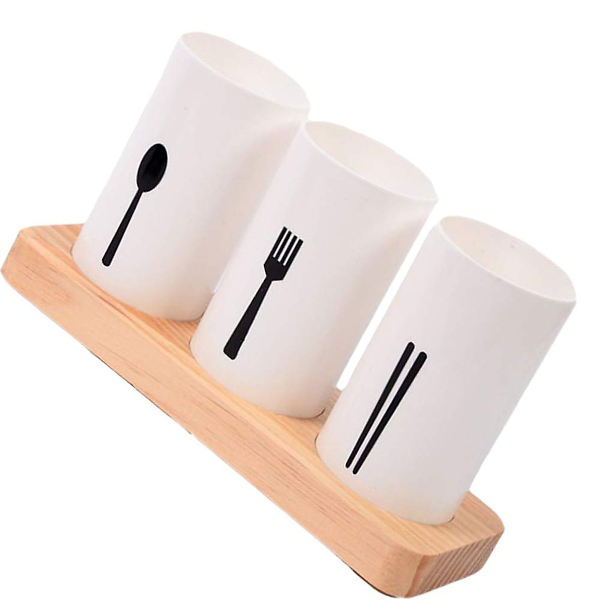 Hemoton 1 Set Utensil Holder Cutlery Utensil Drying Rack Basket Holder with Wood Base for Bar Kitchen Countertop Storage, Organize Forks, Knives, Spoons