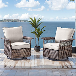 Outdoor Patio Rocking Swivel Chairs - 2PC Wicker Patio Furniture Rocker Chair Set,Rattan Glider Chair with Sturdy Frame,All-Weather PE Wicker and Cushions for Deck Porch Garden(Brown/Beige)