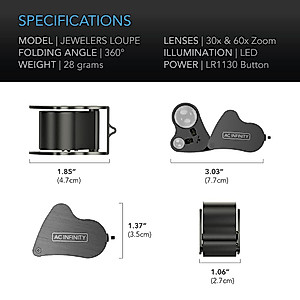 AC Infinity Jewelers Loupe, Pocket Magnifying Glass with LED Light & Dual Lenses, 30x 60x Zoom for Jewelry, Watches, Coins, Stamps, Plant Buds