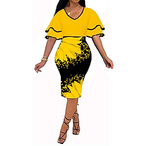 Elegant Church Dresses for Women Sexy Pencil Dresses Crew Neck Short Ruffles Sleeve Dress Bodycon Business Suiting Floral Stretchy Yellow