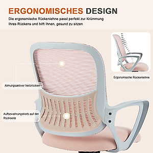 Sweetcrispy Office Computer Desk Chair, Ergonomic Mid-Back Mesh Rolling Work Swivel Task Chairs with Wheels, Comfortable Lumbar Support, Comfy Arms for Home, Bedroom, Study, Student, Pink