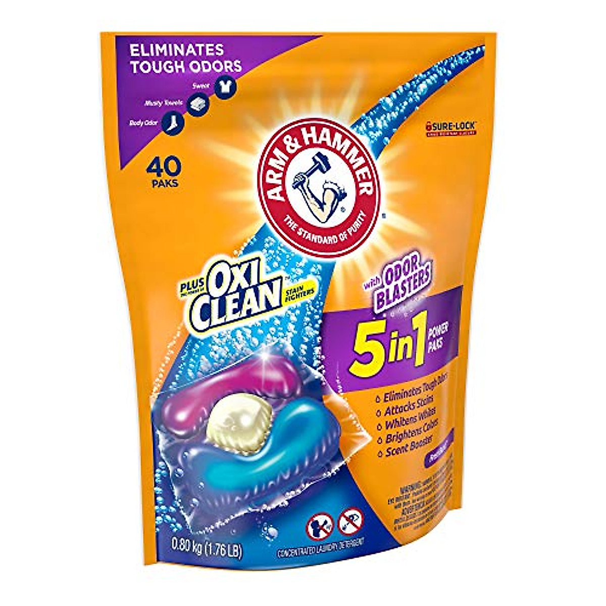 Arm & Hammer Plus OxiClean With Odor Blasters LAUNDRY DETERGENT 5-IN-1 Power Paks, 40CT (Packaging may vary)