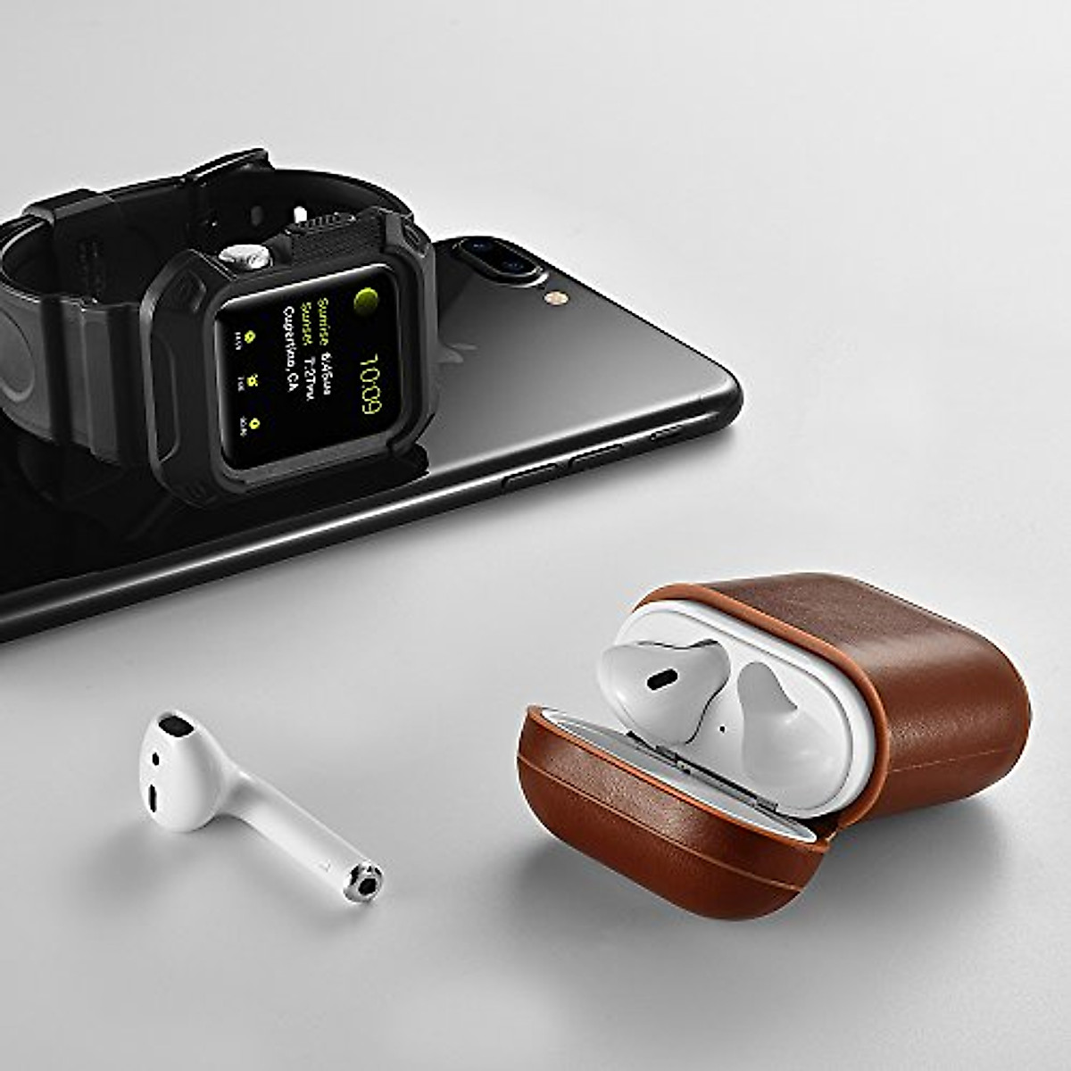 AirPods Case, ICARER Genuine Airpods Leather Case (The Front LED Visible) Wireless Charging Cover for Apple Airpod 2 & 1 (Brown)