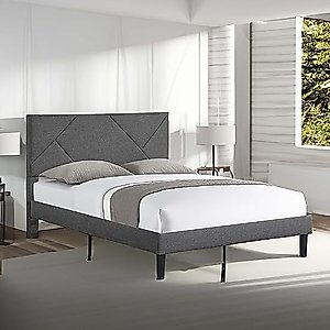 Queen Size Fabric Upholstered Platform Bed Frame with Headboard, Modern Concise Platform Bed with Strong Wood Slats Support/No Box Spring Needed/Easy Assembly for Bedroom Girls Boys, Gray (Queen)