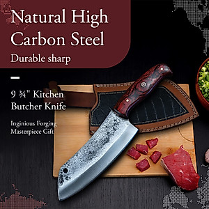 Morf Steelware High Carbon Steel Cleaver Chopper Knife, 9.75 inch Kitchen Knife with Leather Sheath, Chopping & Cutting Chef Knife For Meat and Vegetable - Red Pakka Wood Handle