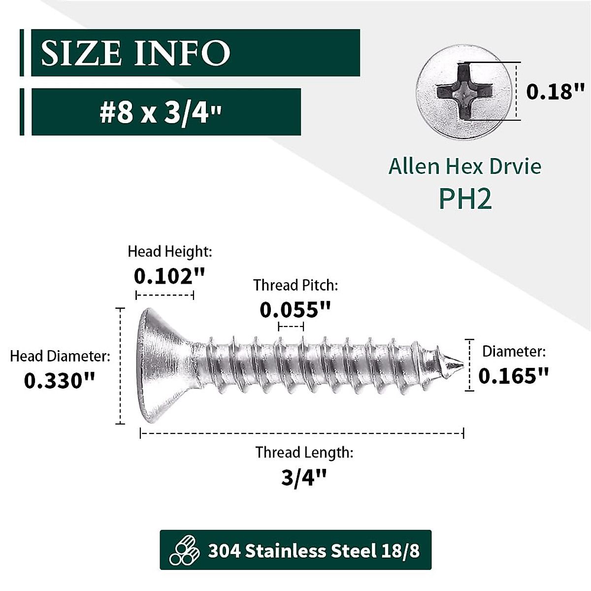 #8 x 3/4" (100 pcs) Stainless Steel Flat Head Sheet Metal Screws, Phillips Drive Wood Screws, 304 Stainless Steel 18-8, Self Tapping Screws