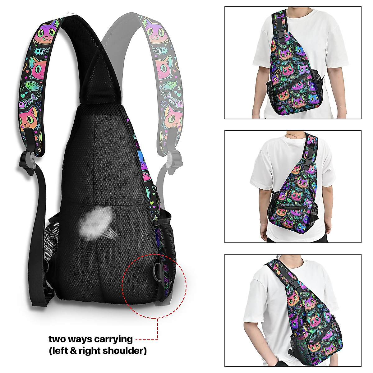 Cat Sling Bag Travel Crossbody Backpack Shoulder Pack Chest Hiking Daypack for Women Men with Strap Adjustable Lightweight Outdoor Walking Running Climbing