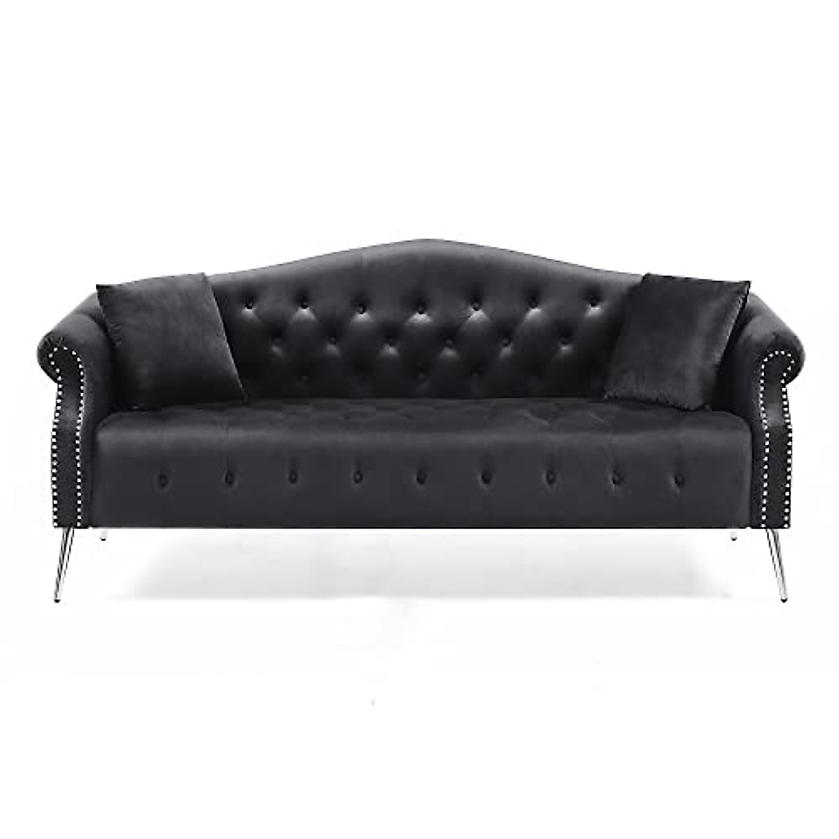 LIADTOP, 78.7" Classic Chesterfield Velvet Sofa Contemporary Upholstered Couch with Button Tufted and Rolled Arms, 2 Pillows Included, 3 Seater, Black