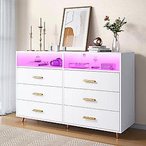 EnHomee Dresser for Bedroom, White Dresser with LED, Chests of Drawers, 6 Drawers & 2 Shelves for Bedroom, Wood Chests of Drawers, Large Space Saver Furniture