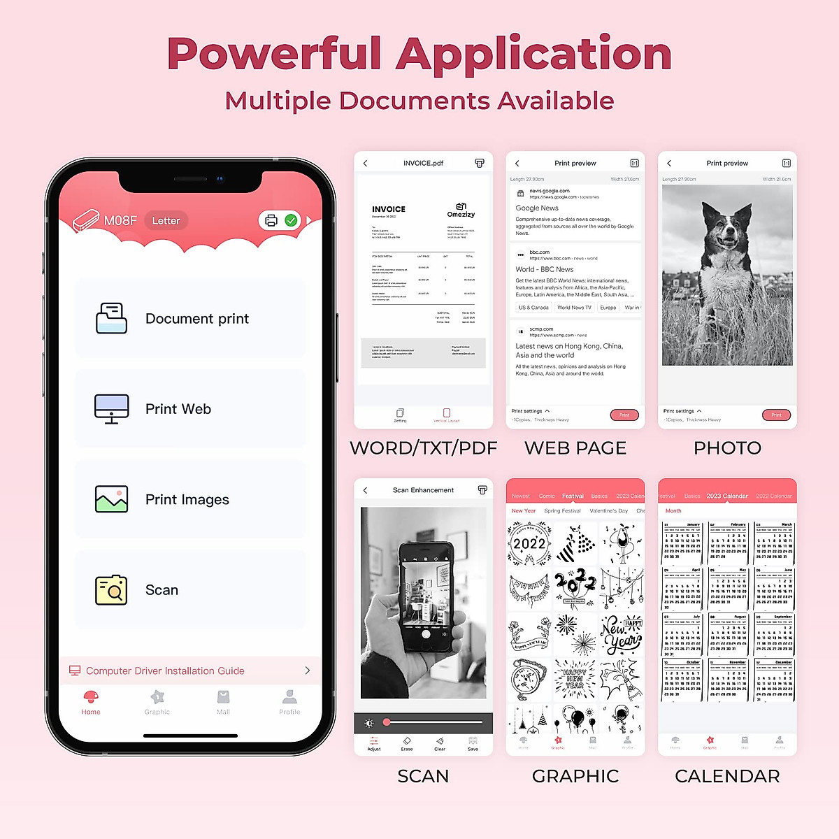 Portable Printers Wireless for Travel - Bluetooth Thermal Mobile Printer Support 8.5" X 11" Letter Size Thermal Paper, On the Go Inkless Portable Bluetooth Printer for Laptop, Phone and Ipad - Pink