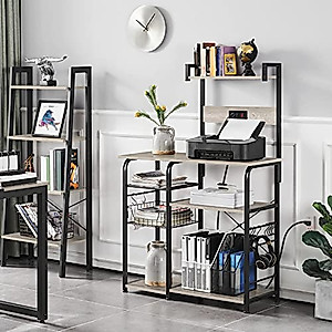 Yaheetech Bakers Rack with Power Outlet, 4-Tier Microwave Stand Cart Coffee Bar with Wire Basket and Wine Storage, Freestanding Kitchen Organizer Rack with 10 Hooks, Gray