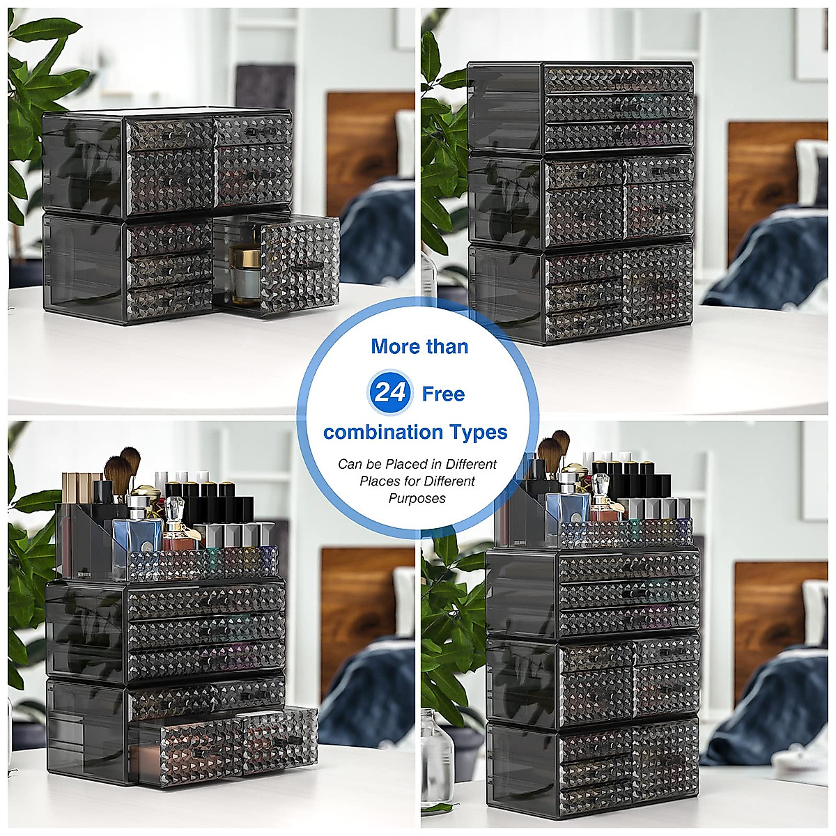 Awenia 4 Pack Stackable Makeup Organizer[Upgraded],Acrylic Cosmetics Storage Large Capacity with 11 Drawers For Brush Holder,Perfume or Jewelry Display,Plus Size| Ship from USA(Gray)