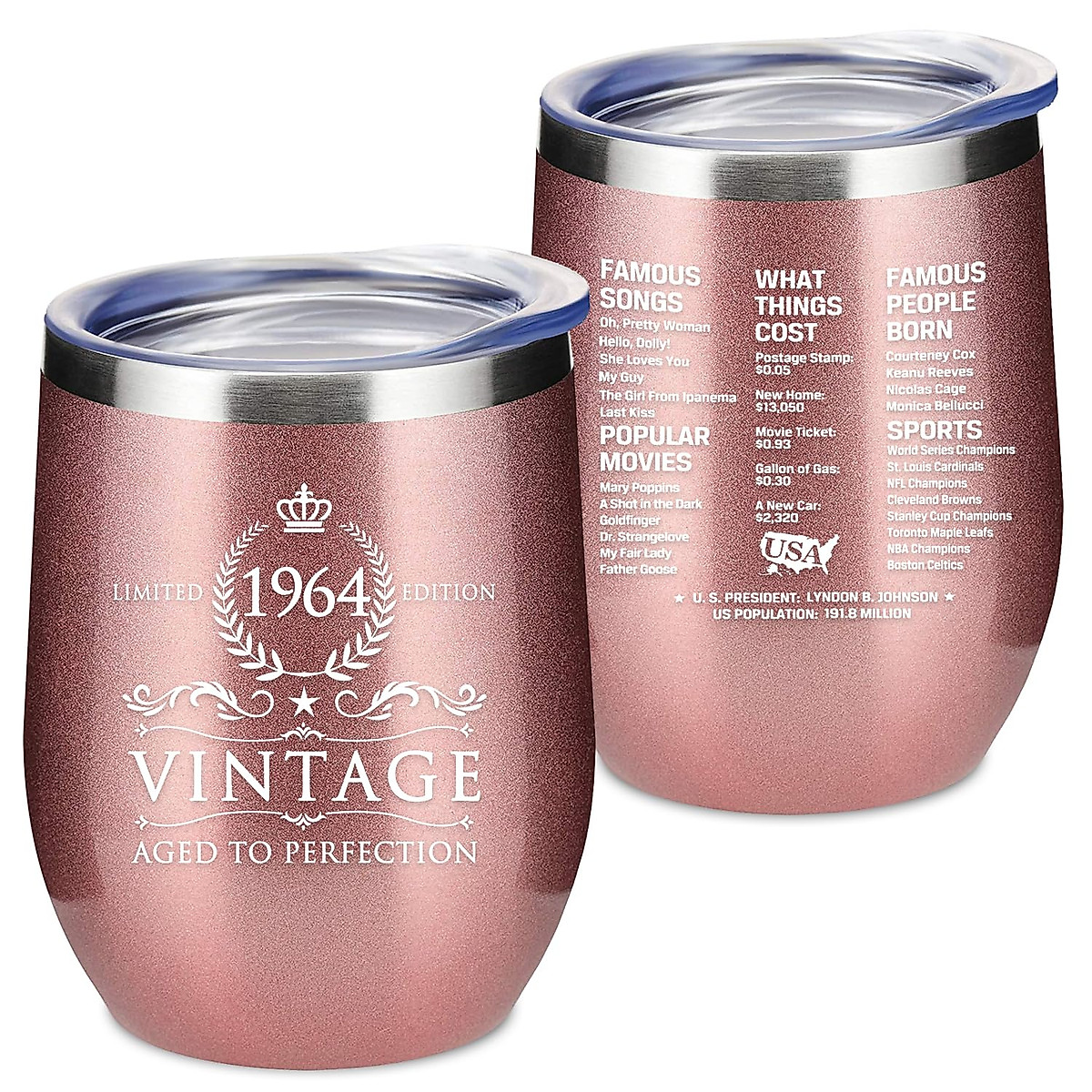 60th Birthday Gifts for Women and Men - 1964 60th Birthday Decorations - 12 Oz Insulated Stainless Steel Wine Tumbler with Lid for Her Wife Mom Grandma Aunt Friend, Rose Gold