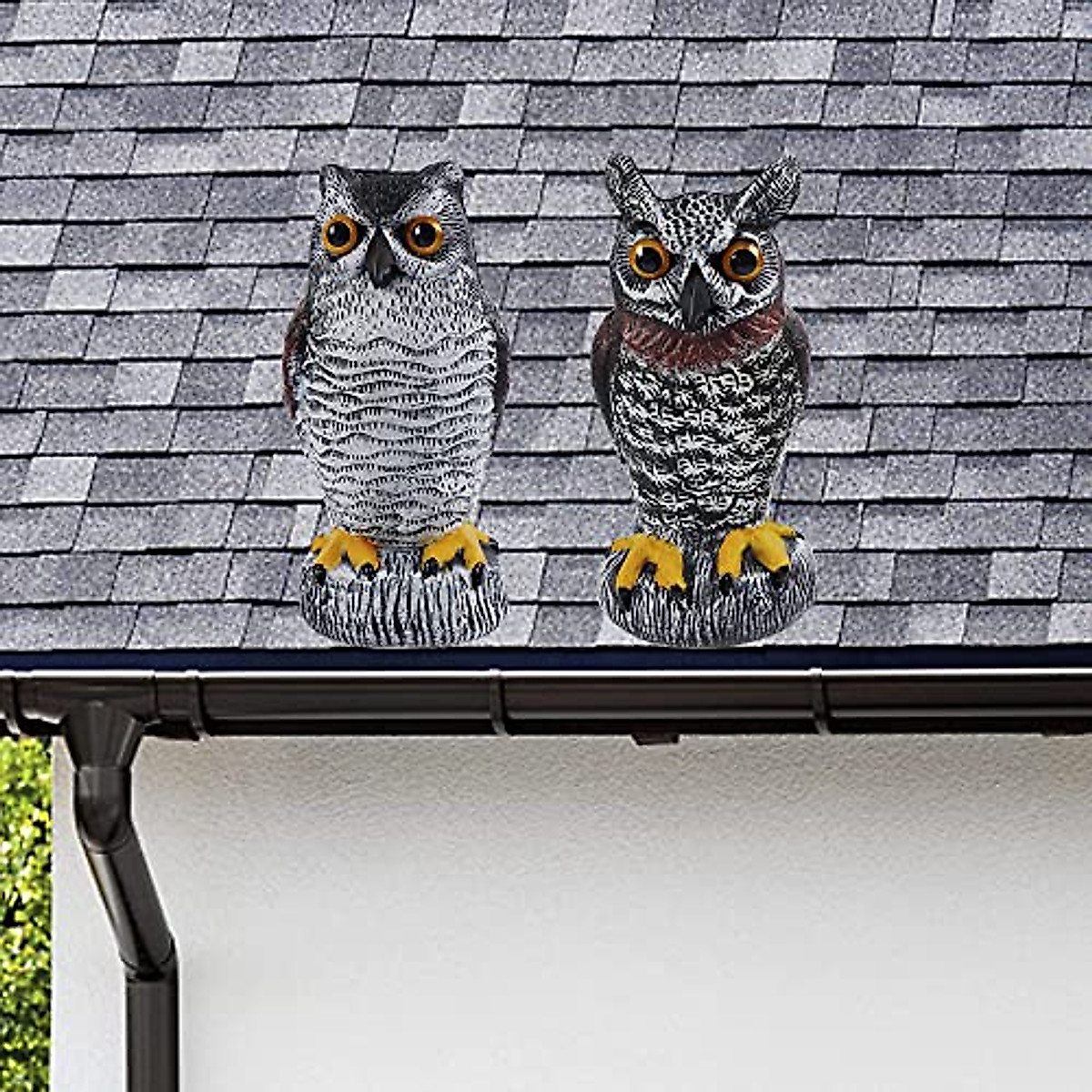Hausse 2 Pack Fake Owl Decoy Bird Scarecrow Sculpture, Plastic Horned Owl Bird Deterrents with Yellow Claws, Garden Protectors, Large Nature Enemy Pest Repellent for Outdoor Garden Yard