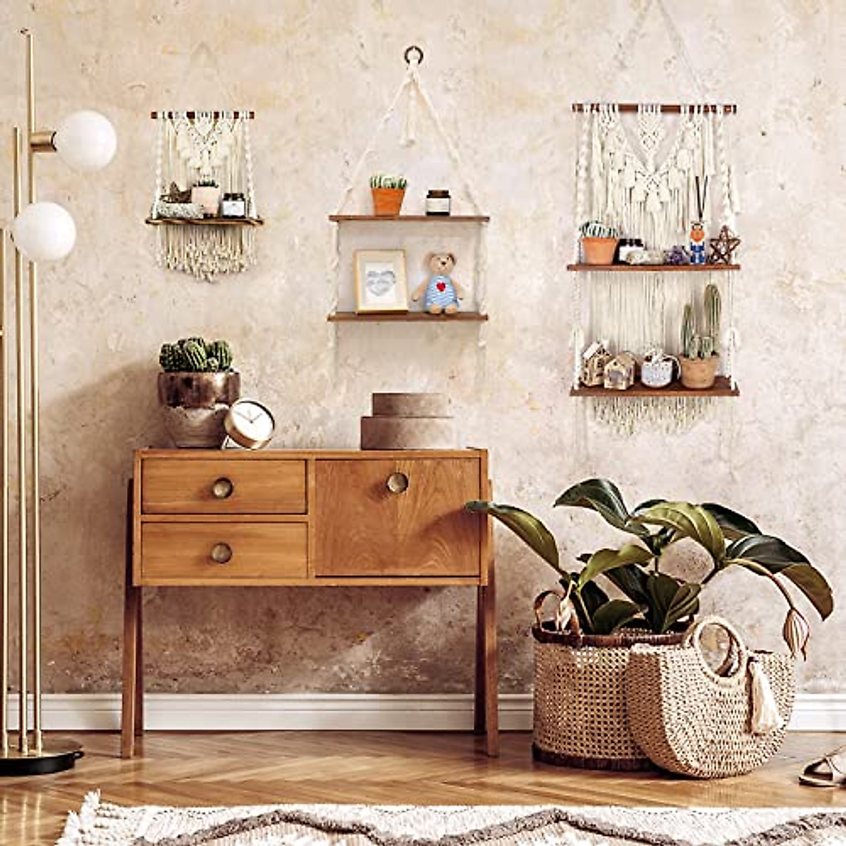 ANROYE 1 TierAND 2 Tier Macrame Boho Wall Hanging Shelf, Handmade Bohemian Wooden Woven Plants Floating Shelves Decor, Mini Chic Rope Crystal Holder Organizer