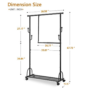 Gewudraw Double Rod Clothes Rack with Wheels Clothing Racks for Hanging Clothes, Rolling Garment Rack with Shelf Sturdy Closet Rack, Clothes Hanger Rack with hook for Pants, Dresses, Easy to Assemble