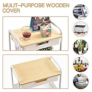 TOOLF 3-Tier Utility Rolling Cart with Wooden Board and Drawer, Metal Storage Cart with Handle, White Trolley Kitchen Organizer Rolling Desk with Locking Wheels for Office, Classroom, Home, Bedroom