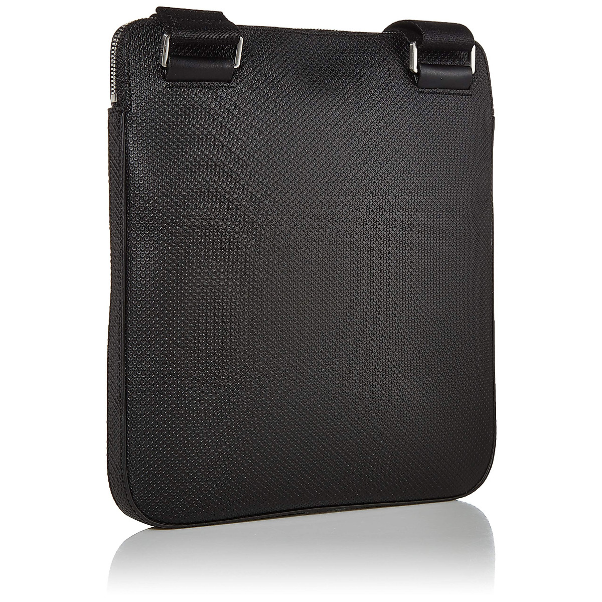 Lacoste Mens Chantaco Matte Piqu Leather Flat Zip Bag, Black, One Size