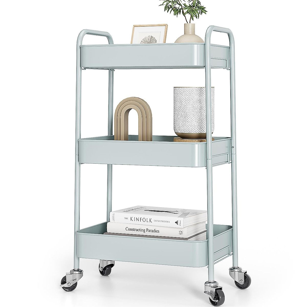 TOOLF 3-Tier Rolling Cart, Easy Assembly Metal Utility Cart with Lockable Wheels, Storage Craft Art Cart Trolley Organizer Serving Cart for Office, Bathroom, Kitchen, Kids' Room, Green