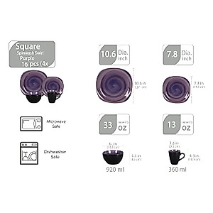 HomeVss, Stoneware Square 16pc Dinnerware Set, Inside Spinwash Swirl Purple + Outside Black