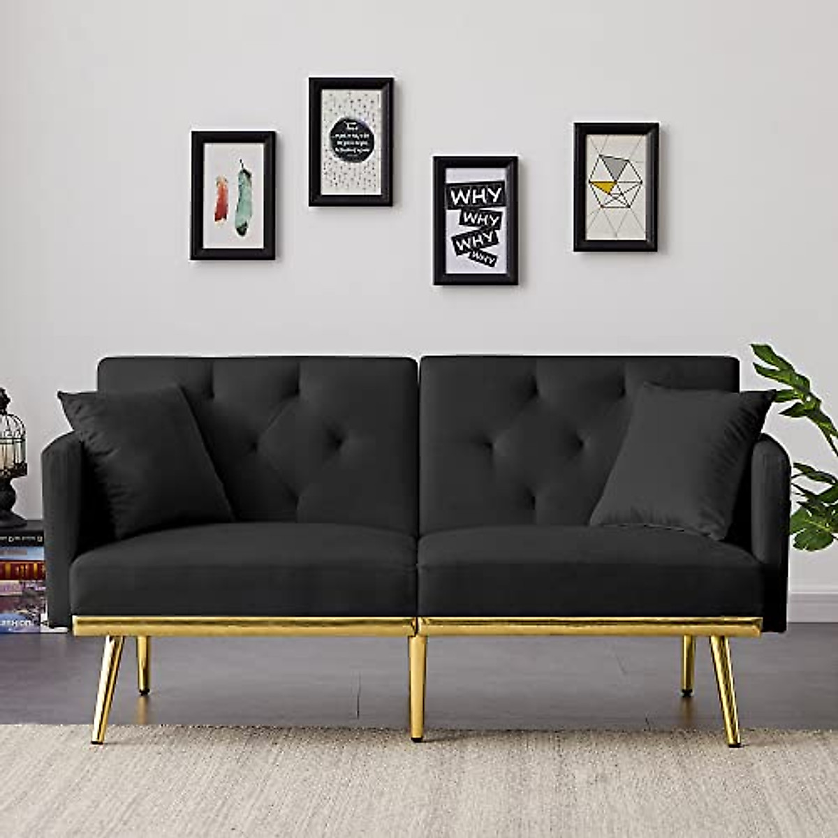60"Convertible Folding Futon Sofa Bed with 2 Pillows and Armrest,Modern Velvet Sleeper Couch Bed with 3 Adjustable Backrests,Recliner Loveseat for Small Space,Living Room Bedroom Apartment (Black)