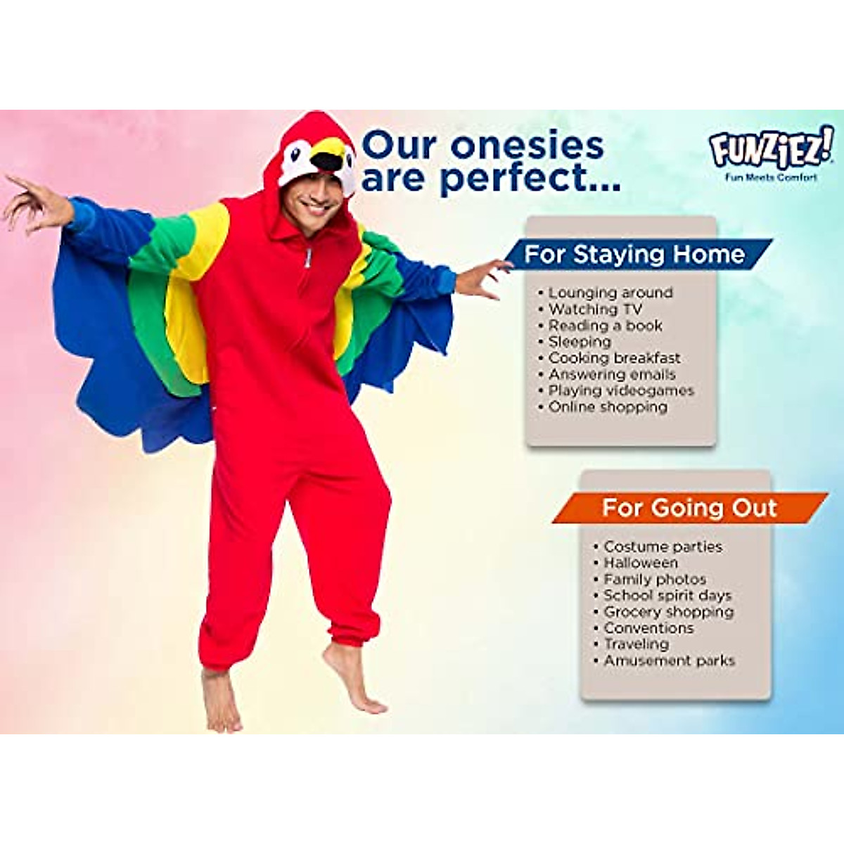 Funziez! Slim Bird Adult Onesie - Parrot Halloween Costume - Plush Parrot One Piece Cosplay Suit for Adults, Women and Men