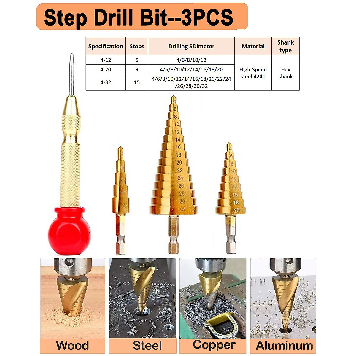SHITIME 34 Pack Wood Working Chamfer Drilling Tools, 6 Countersink Drill Bit Set, 7 Counter Sinker Drill Bit Set, 8 Plug Cutters for Wood, 8 Drill Stop Bit Collar Set and 3 Step Drill Bits.