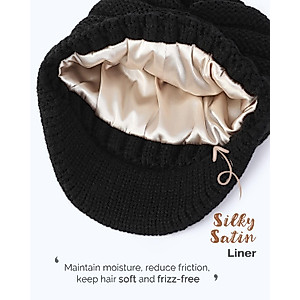 Hat Hut Beanie Hat for Women Men Satin Lined Beanie for Women Satin Lined Winter Hat Slouchy hat with Visor Brim (Black)