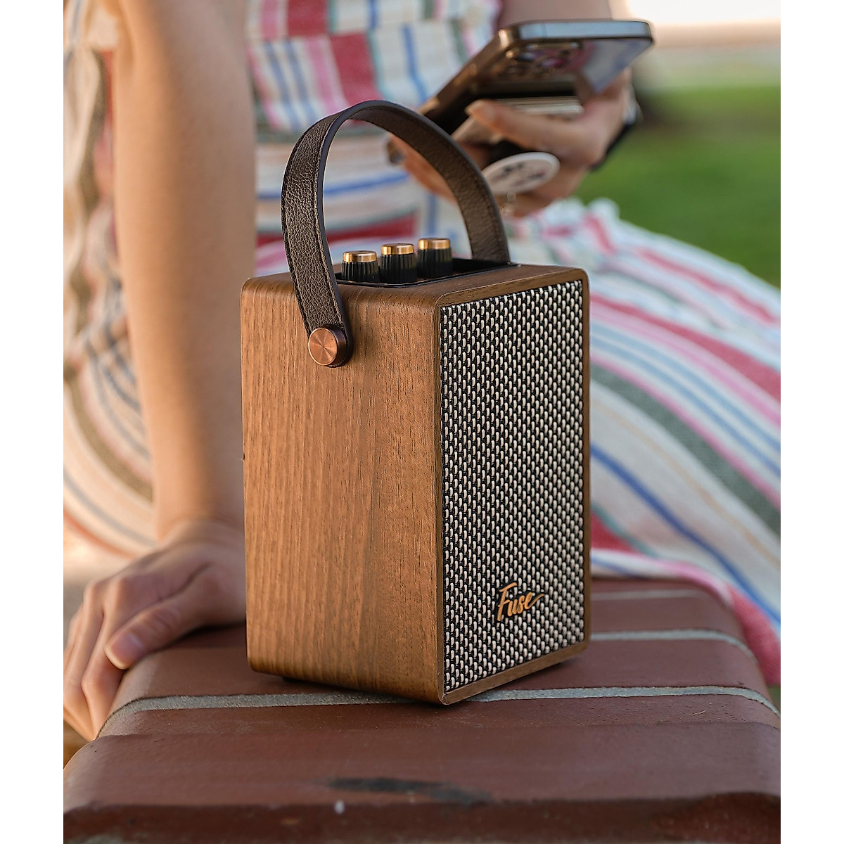Fuse Andle Vintage Retro Bluetooth Speaker with Vegan Leather Handle | Portable Speaker with Smartphone Connection | USB & AUX Input | Stylish Brown Wood Exterior