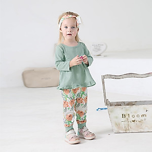 Kulcerry Toddler Baby Girl Clothes Solid Color Long Sleeve Ruffle Tops Floral Pants Headband Outfits Set (12-18 Months, Green