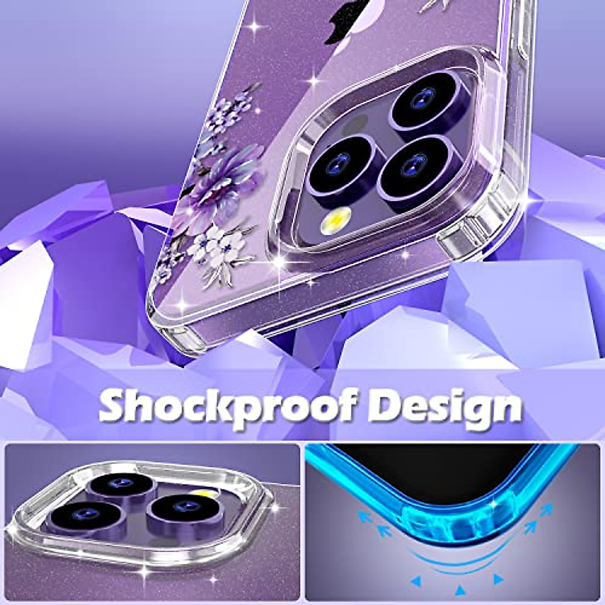 OKP Case [3 in 1] for iPhone 14 Pro, with Screen Protector & Camera Lens Protector, Floral Slim Shockproof Cute Phone Case 6.1 inch 2022 Clear Glitter Protective Cover for Women Girl, (Purple/01)