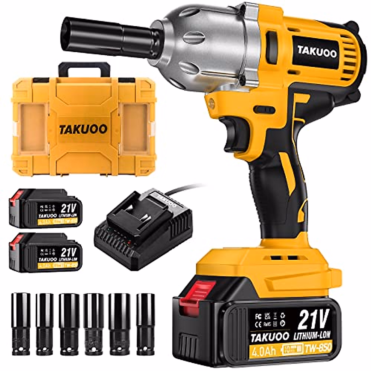Takuoo 850 N.m Cordless impact wrench,1/2 inch Brushless Impact Wrench,Max Torque 640Ft-lbs(850N.m) electric wrench with 2pcs 4.0Ah Li-ion batteries.6 Sockets Power Impact Driver for Car Pipickup