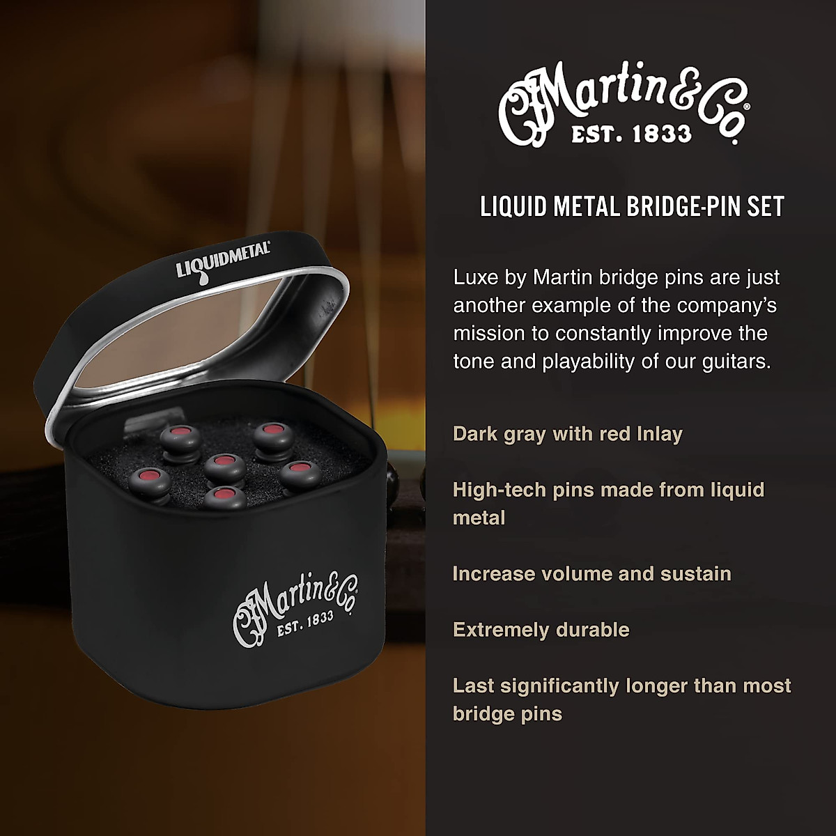 Martin Guitar LUXE by Martin Acoustic Guitar Bridge Pins, Acoustic Guitar Bridge-Pin Set, Matte Grey with Red Inlay, 6 Pins Per Pack