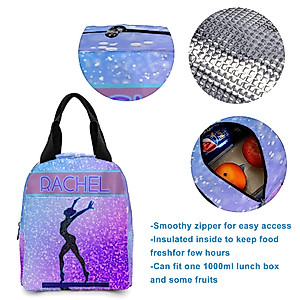 Personalized Gymnastic Bling Print Purple Student Backpacks Set with Name Large Unique 1Lunch Handbag +1Pencil Case +1Schoolbag