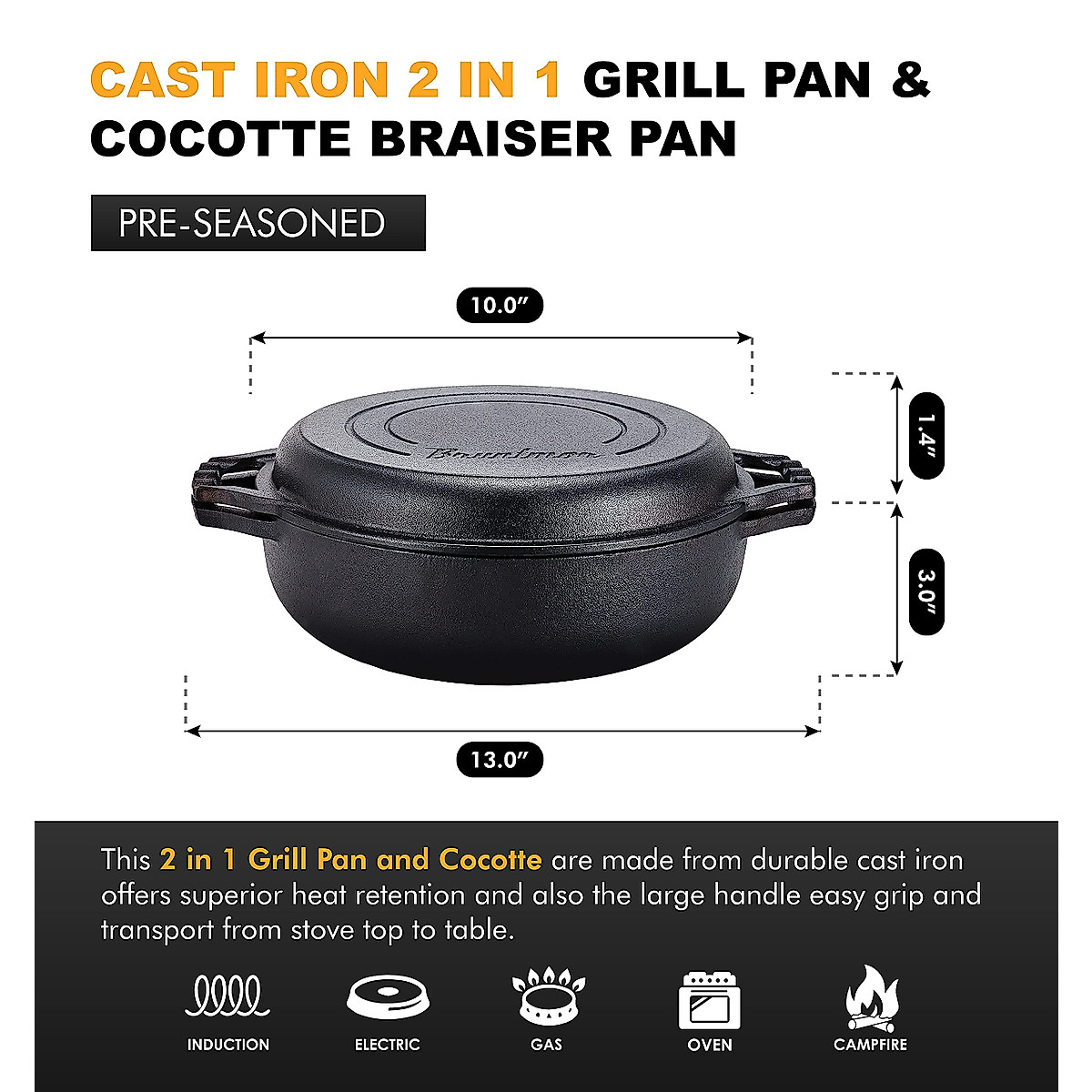 Bruntmor 2-in-1 Pre-Seasoned Cast Iron Dutch Oven with dual handles, Cocotte Double Braiser Pan with Grill Lid 3.3 Quarts - BBQ Grill, Fryer - Outdoor Cookware Set with Dual Handles, Camping,- Black