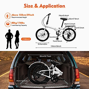 DCEHKR 20-inch Foldable Bike Folding Bicycle with 7-Gear Transmission, Height Adjustable Seat Foldable Bicycle Suitable for Adult Riding, Men Riding, Women Riding, Ships in The US (Straight Bar)