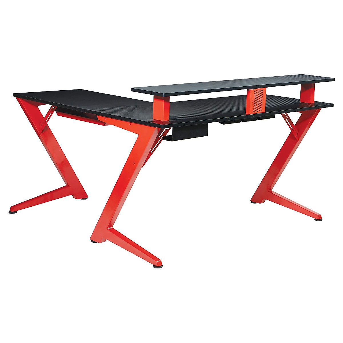 OSP Home Furnishings Avatar Battlestation L-Shape Gaming Desk with Bluetooth RGB LED Lights and Carbon Fiber Surface, Red