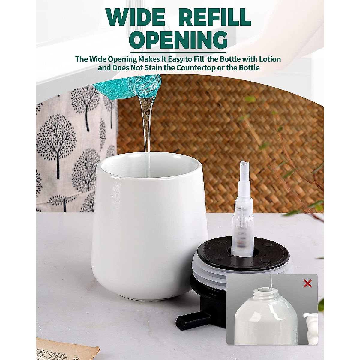 Bosilunlife Liquid Soap Dispenser - 12Oz Lotion Dispenser with Pump Matte White Ceramic Soap Dispenser Bathroom Dish Hand Soap Dispenser for Kitchen Pump Dispenser