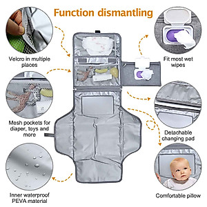 Portable Changing Pad - Detachable Travel Changing Pad with Head Pillow and Baby Wipes Pocket - Fully Padded, Extended Cushioned Portable Diaper Changing Pad, Lightweight & Waterproof Grey
