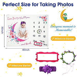 Tatuo Baby Monthly Milestone Blanket Baby Photo Blanket for Newborn Baby Shower Weekly and Monthly Blanket for Baby Pictures Includes Headband Floral Wreath and Frame 40 x 30 Inches