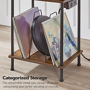 HOOBRO Record Player Stand with Charging Station, 2 Tier Record Player Table with Storage Up to 80-100 Albums, Turntable Stand with Record Holder, for Vinyls Media Stereo, Rustic Brown BF01URS01