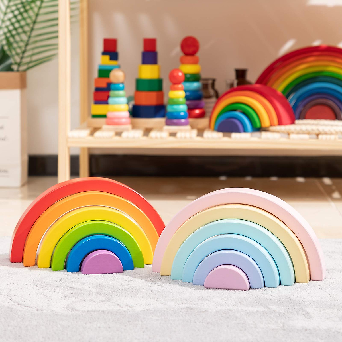 MERRYHEART Wooden Rainbow Small Stacker, 6 Piece Rainbow Stacking Toy for Baby/Toddlers/Kids, Montessori Education Pastel Rainbow Decor, Kindergarten Teaching Aid