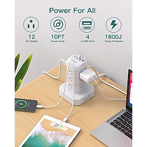 Power Strip Tower Surge Protector - 10 FT Extension Cord with Multiple Outlets, 12 Outlets 4 USB Ports Electric Power Tower, Flat Plug, Desktop Charging Station for Office Home Dorm Essentials White