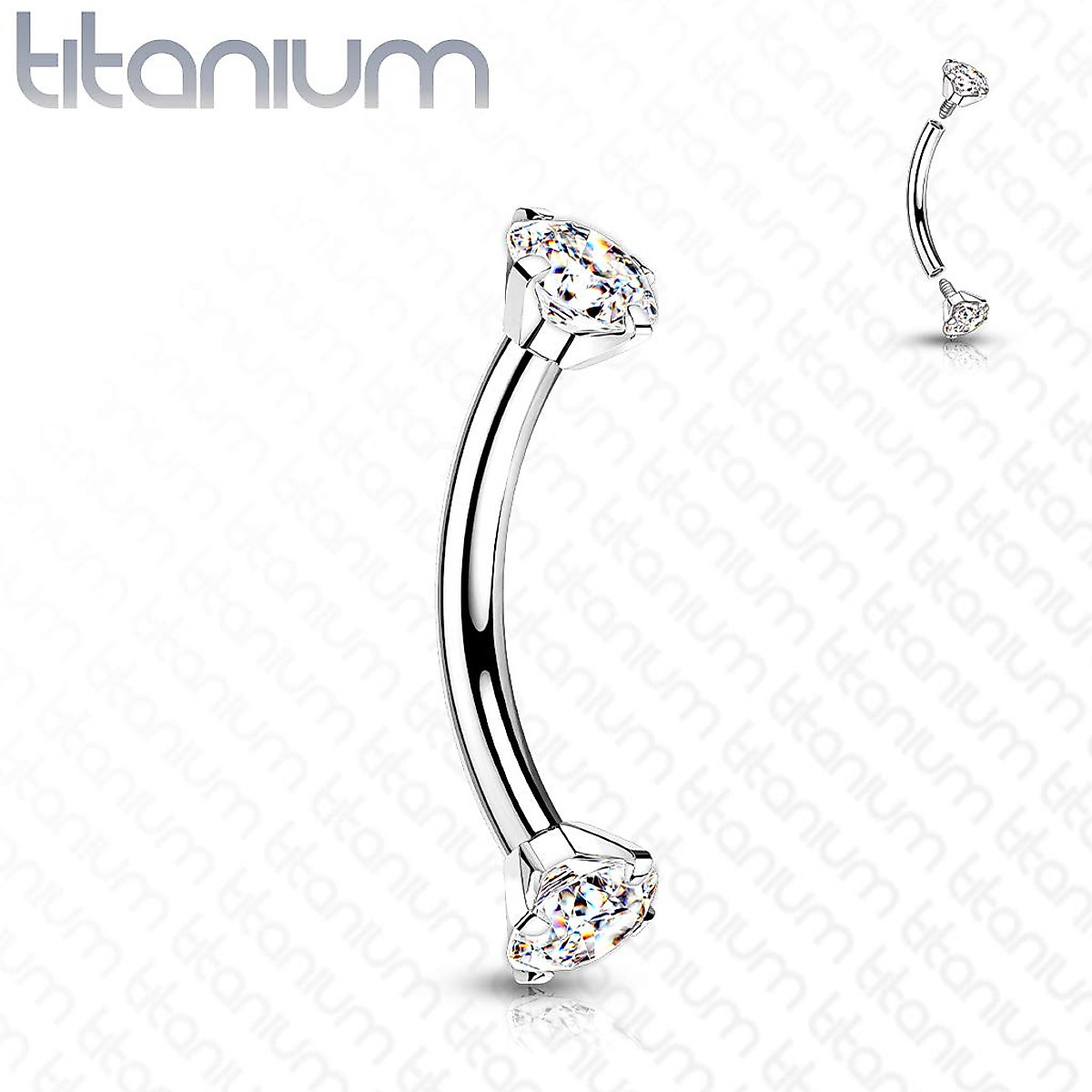 Dynamique Implant Grade Titanium Curved Barbells With Internally Threaded Prong Set CZ Ends (Sold Per Piece)