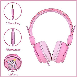 Kids Headphones for Girls, Cute Unicorn Headphones for Kids with Microphone, Adjustable Headband, 3.5mm Jack Wired Girls Headphones for School Travel Xmas Gift (Pink)