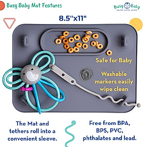 BUSY BABY Silicone Placemat-As Seen On Shark Tank-Built-in Suction Cups-4 Toy Tethers for Babies Toddlers and Kids-Food Grade Silicone-8.5 x 11 in-Comes with Travel Sleeve-Dishwasher Safe-Pewter