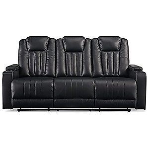Signature Design by Ashley Center Point Contemporary Faux Leather Tufted Reclining Sofa with Drop Down Table, Black