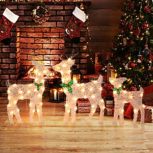MCOW Set of 3 Reindeer Christmas Decorations Light, Outdoor Pre Lit Holiday Decor, Lighted 2D Deer Family Set for Indoor Outside Home Lawn Yard Garden Patio 30.5 in Buck, SDZS011